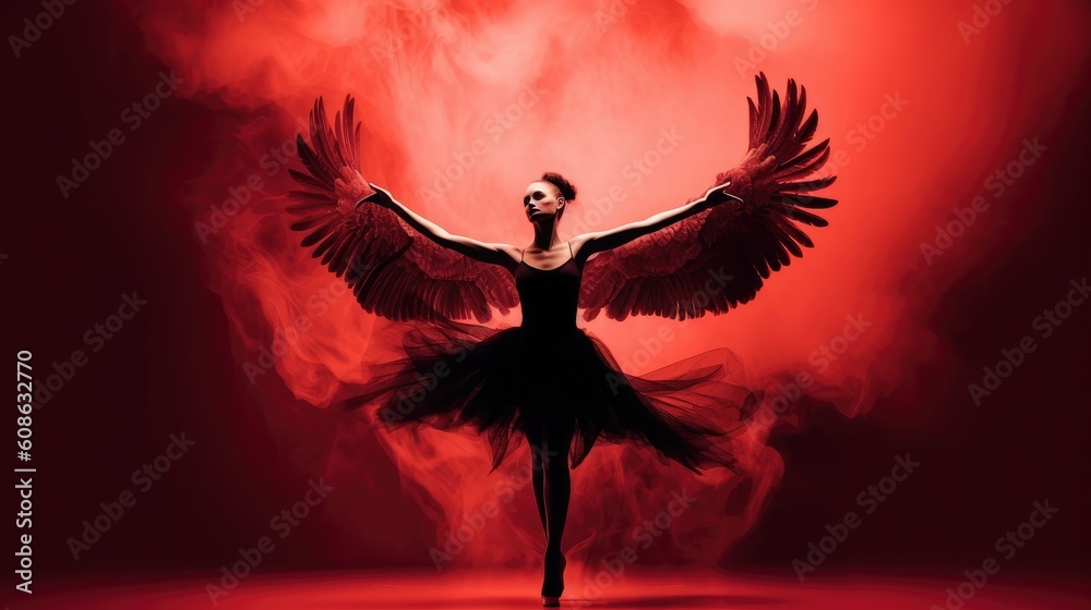 Female ballet dancer with black swan wings in black feathers tutu dress ...