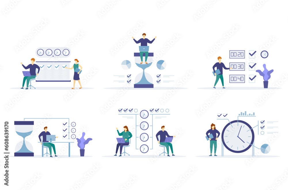 Collection of people successfully organizing their tasks and ...