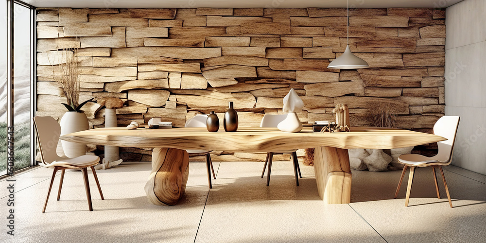 Rustic live edge dining table made from wooden slab and logs. Interior ...