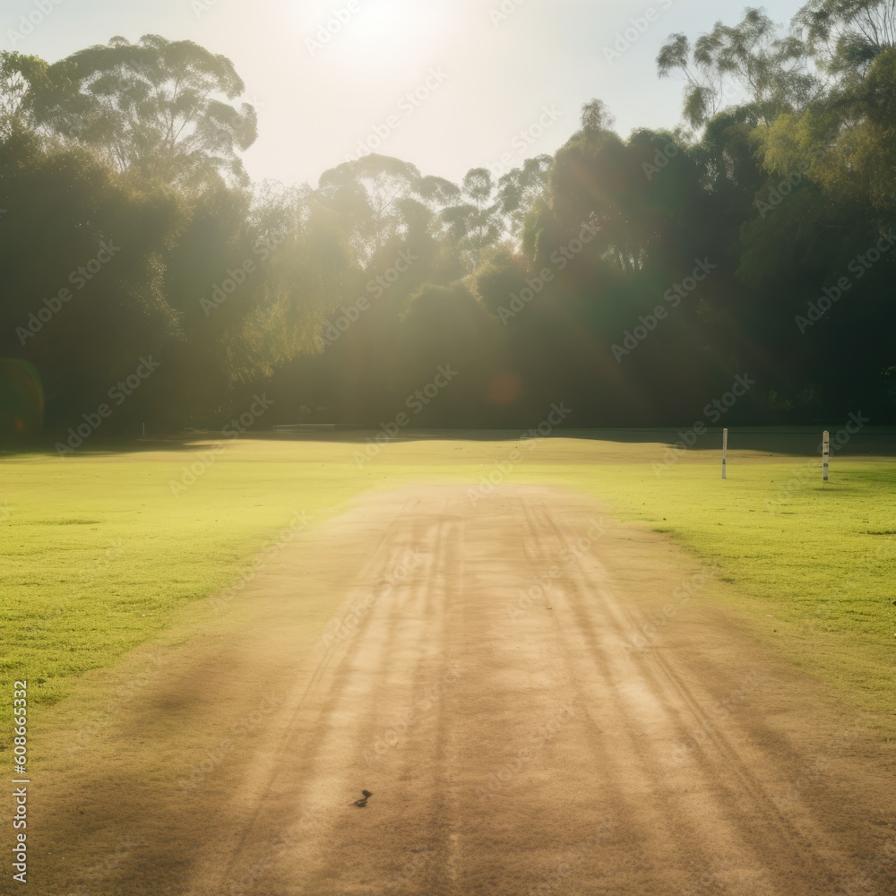 Cricket players on cricket field with sun rays and trees, created using ...