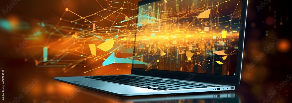 work computer background with some abstract text and lights on a laptop ...