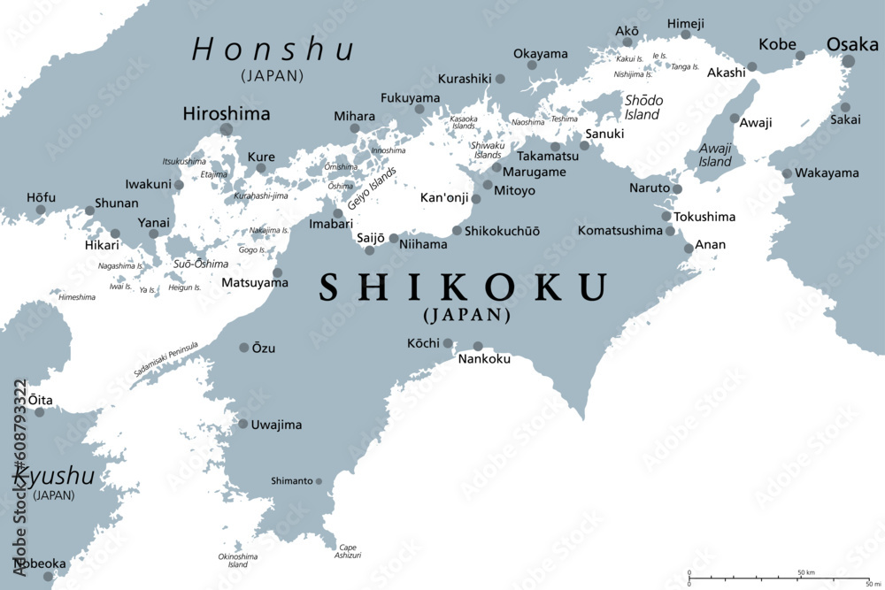 Shikoku, gray political map. Region and smallest of the four main ...