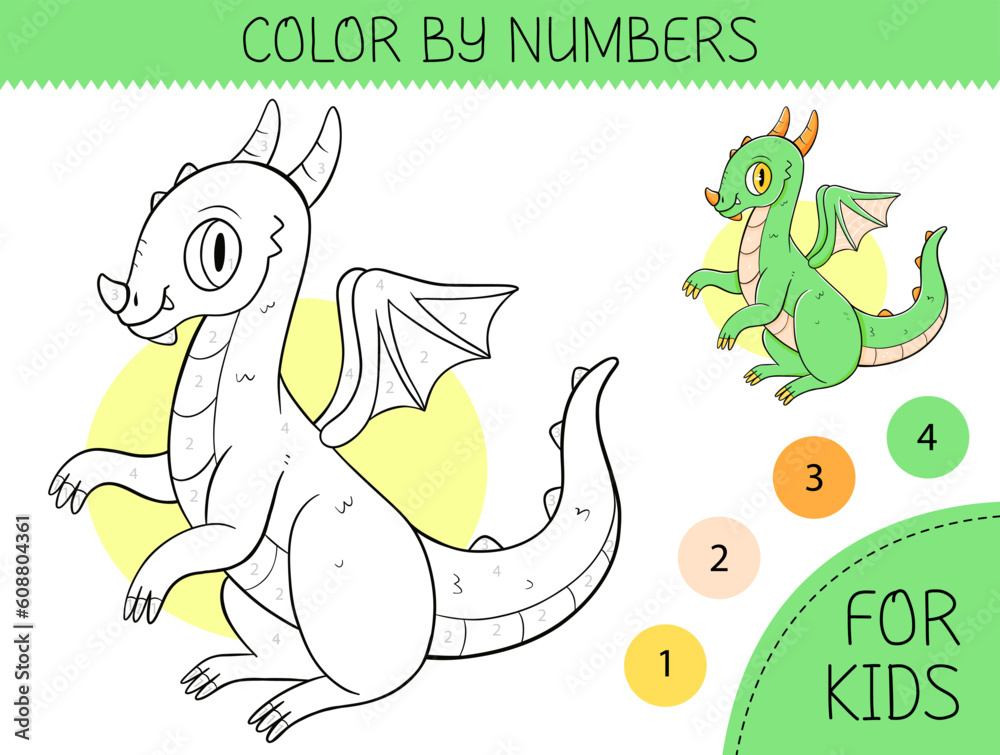 Color by numbers coloring page for kids with cute dragon. Coloring book ...