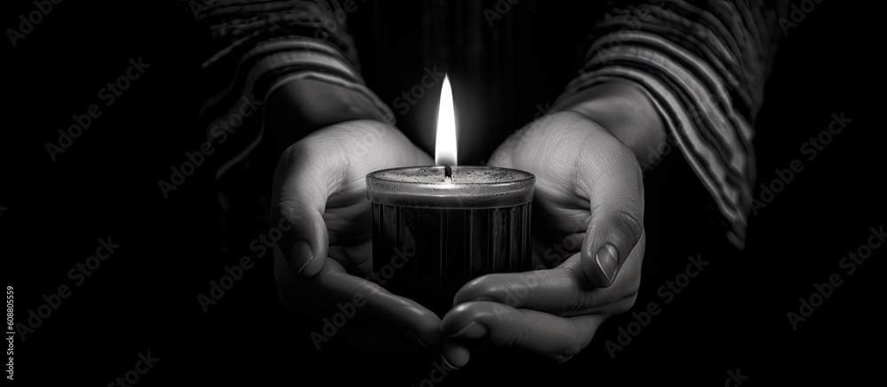 Candle in hand burning on the black background. created with Generative ...