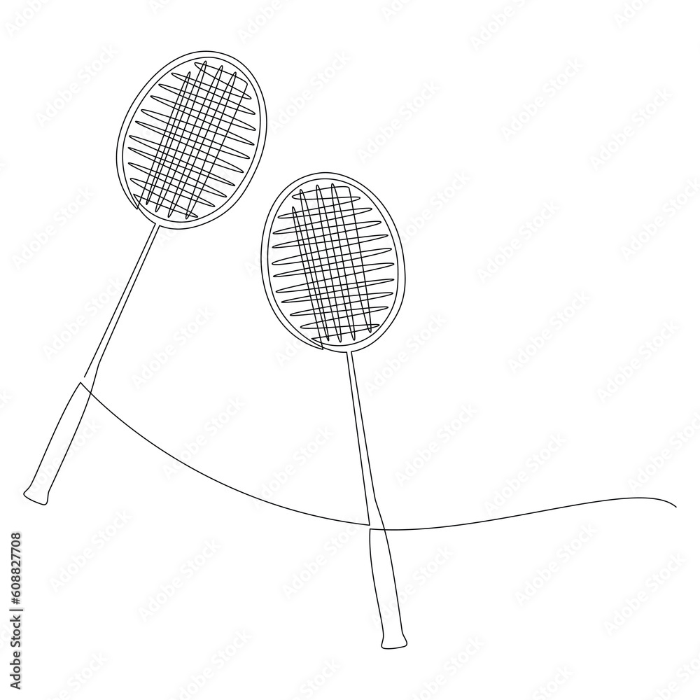 Badminton rackets set icon vector. Line continuous drawing. Hand drawn ...