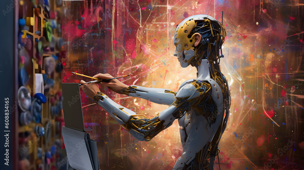 AI Artificial Intelligence Humanoid painting on canvas, AI art ...