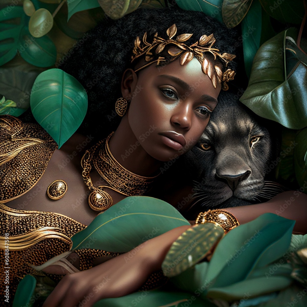 Beautiful African Princess, Laying In Jungle With Beautiful Wild ...
