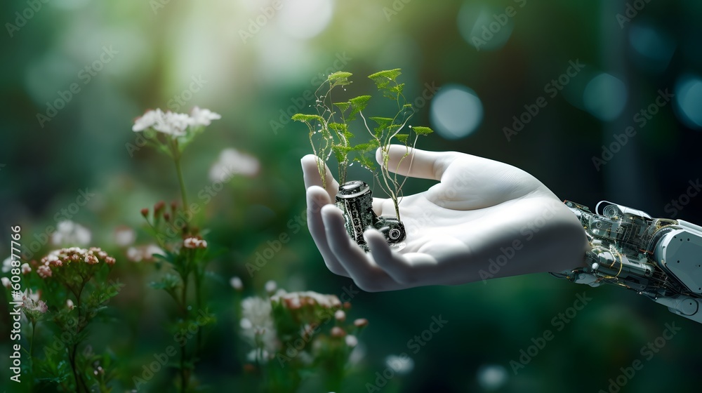 Globe and tree in robot hand with Environment icon. Green technology ...