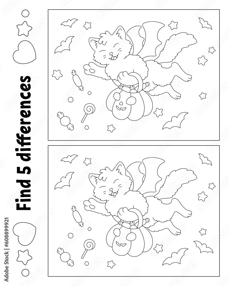 Find five differences. Coloring page for kids. Halloween theme ...