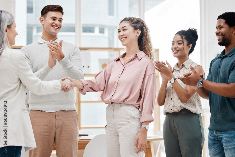 Handshake, clapping and business women in meeting success, celebration ...