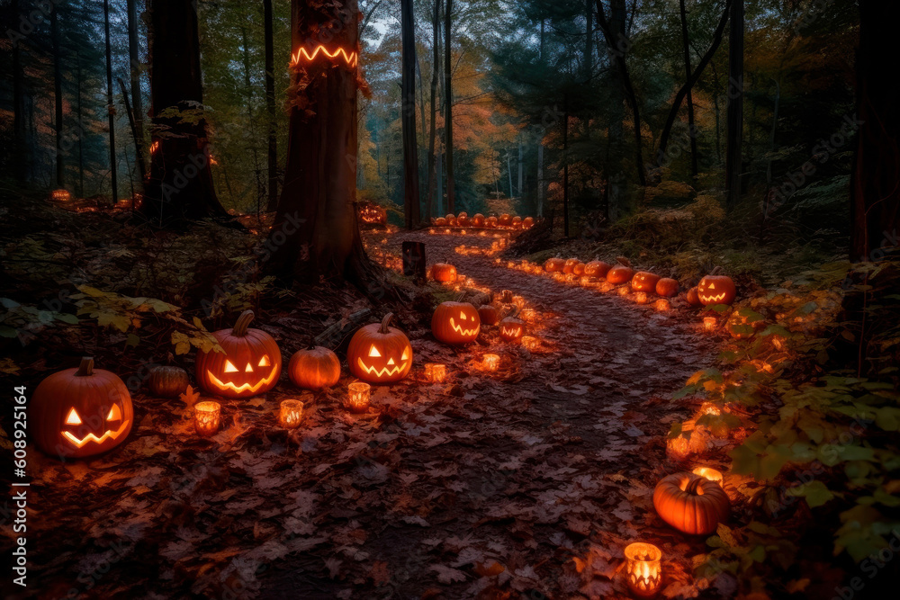 Glowing halloween pumpkins in autumn forest. Jack-O-Lantern. Fall ...