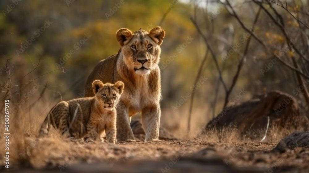 Lion and cub hunter love in Kruger NP South African. Generative AI ...