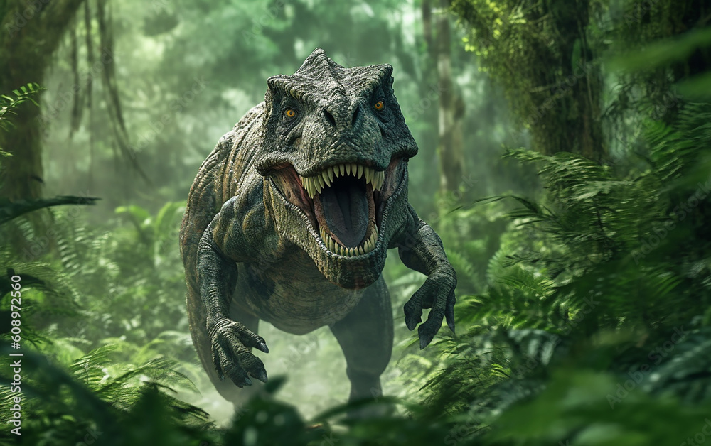 Terranosaurus. T. Rex. A dinosaur in full stride through the forest is ...