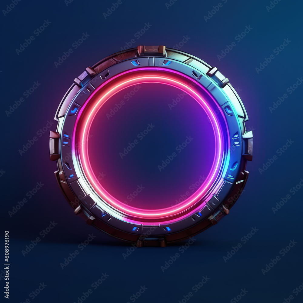Abstract neon cyberpunk circle frame on dark background made with ...