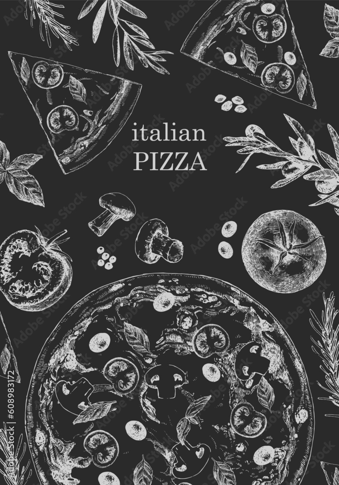 Traditional italian dishes. Hand-drawn illustration of Pizza. Italian ...