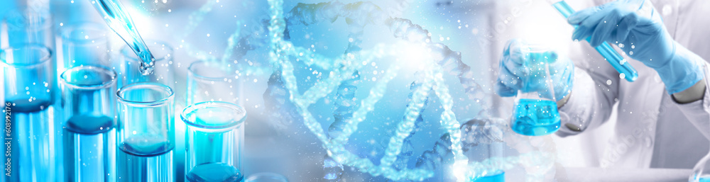 Genetics. Multiple exposure with photos of scientist, laboratory ...