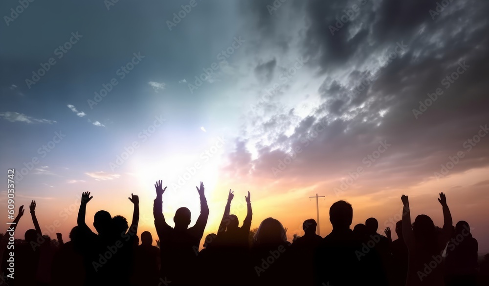 Worship and praise concept: Silhouette many people raised hands over ...