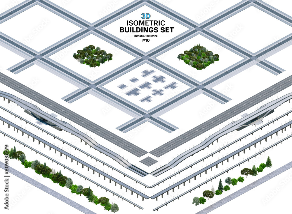 Isometric city constructor. Realistic urban 3D road, highway, signs ...