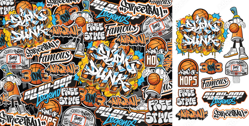 A set of colorful sticker art designs of the street basketball ...