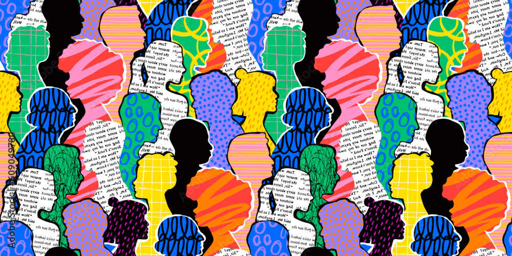 Colorful diverse people crowd abstract art seamless pattern. Multi ...