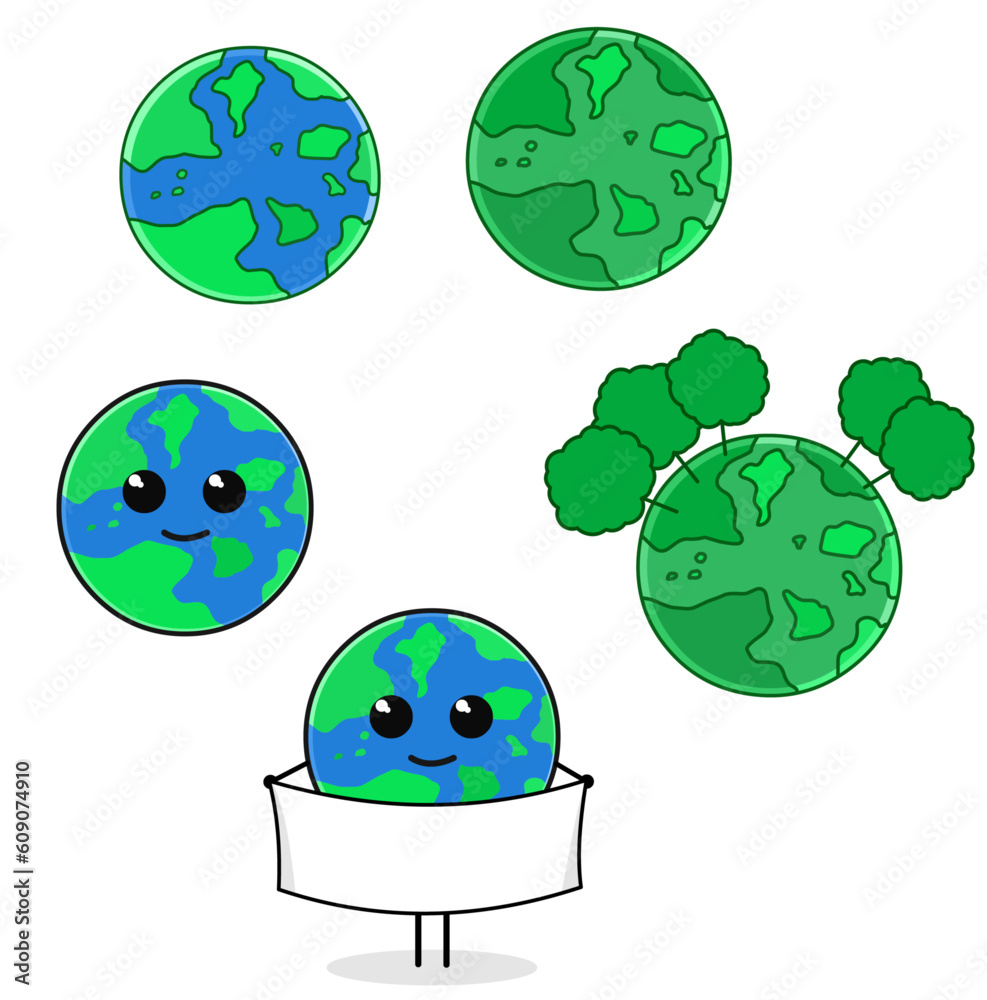 Cute earth cartoon face.Earth holding empty poster without text.Green ...
