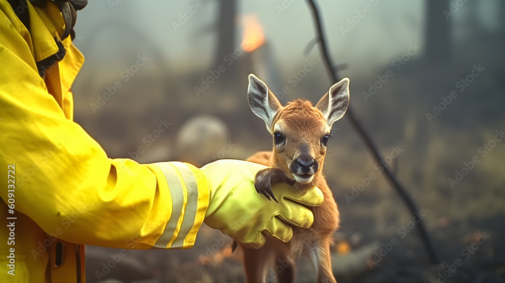 Hands of a gloved firefighter rescuing a small deer from a forest fire ...