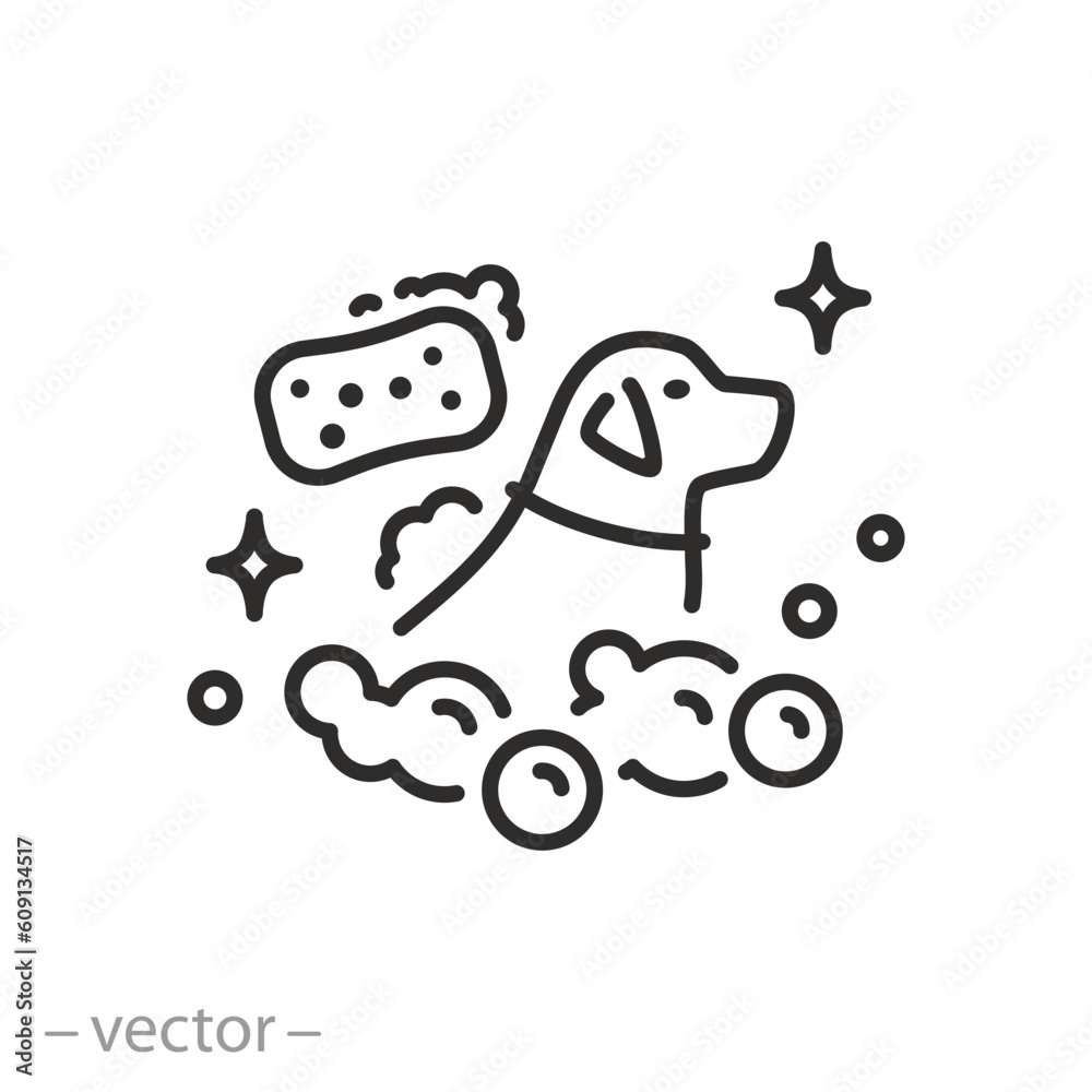 dog bathe icon, lather washcloth, hygiene pet, line symbol on white ...