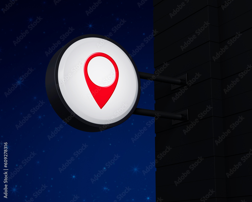 Map pin point location icon on hanging black rounded signboard over ...