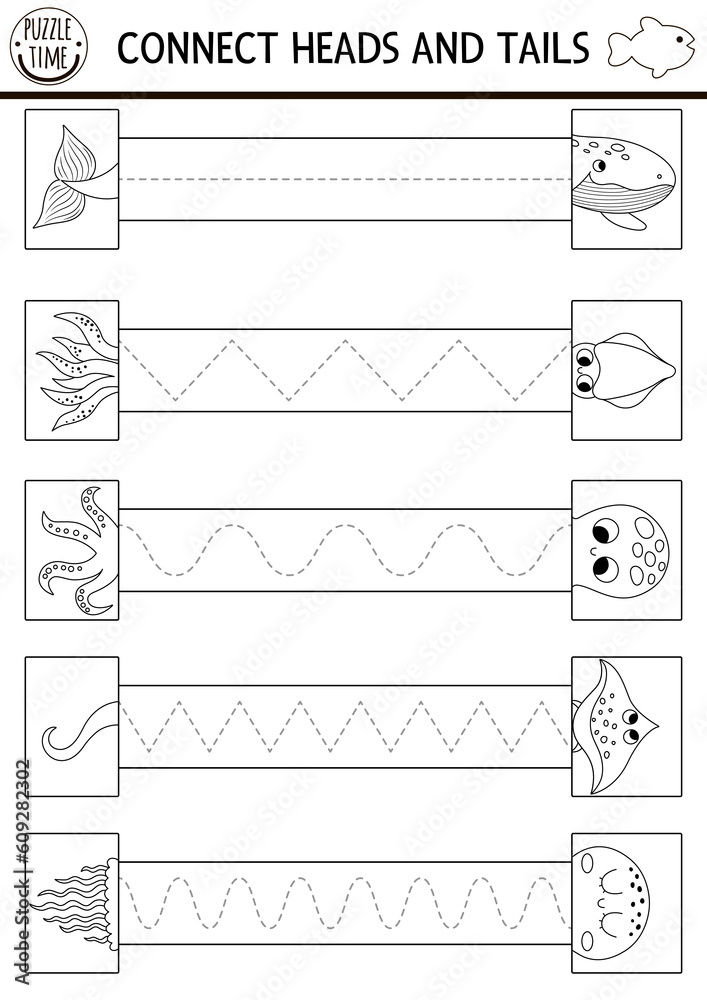 Vector under the sea handwriting practice worksheet. Ocean life ...