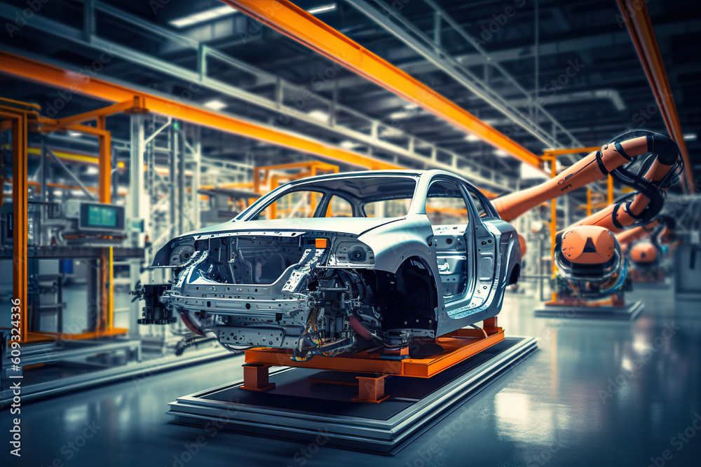 Automated Robot Arm Assembly Line in Car Factory Producing Electric Vehicles. created with ...