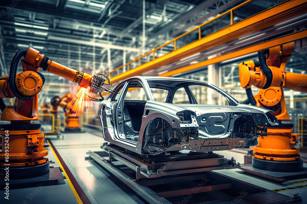 Automated Robot Arm Assembly Line in Car Factory Producing Electric ...