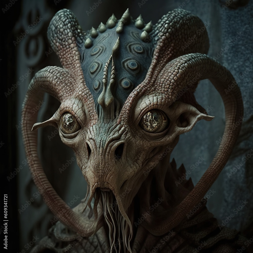 A creepy and eerie alien being with pale scaly skin and a elongated ...