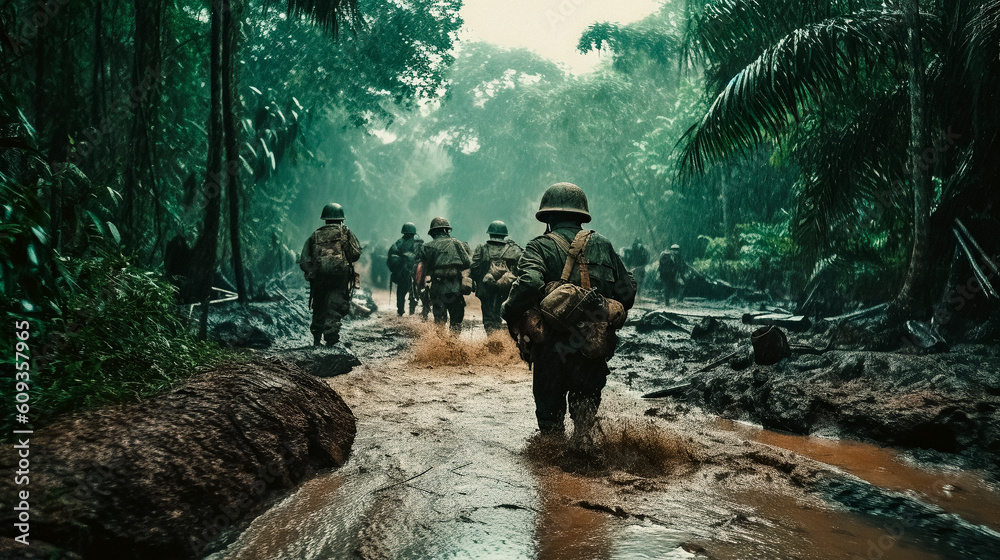 American soldiers walk through the swamp and mud in the jungles of Vietnam. Generative Ai Stock ...