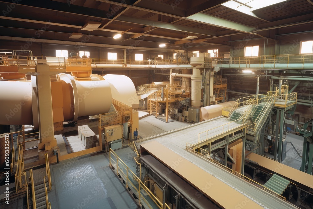 pulp and paper production facility, with massive machines converting ...
