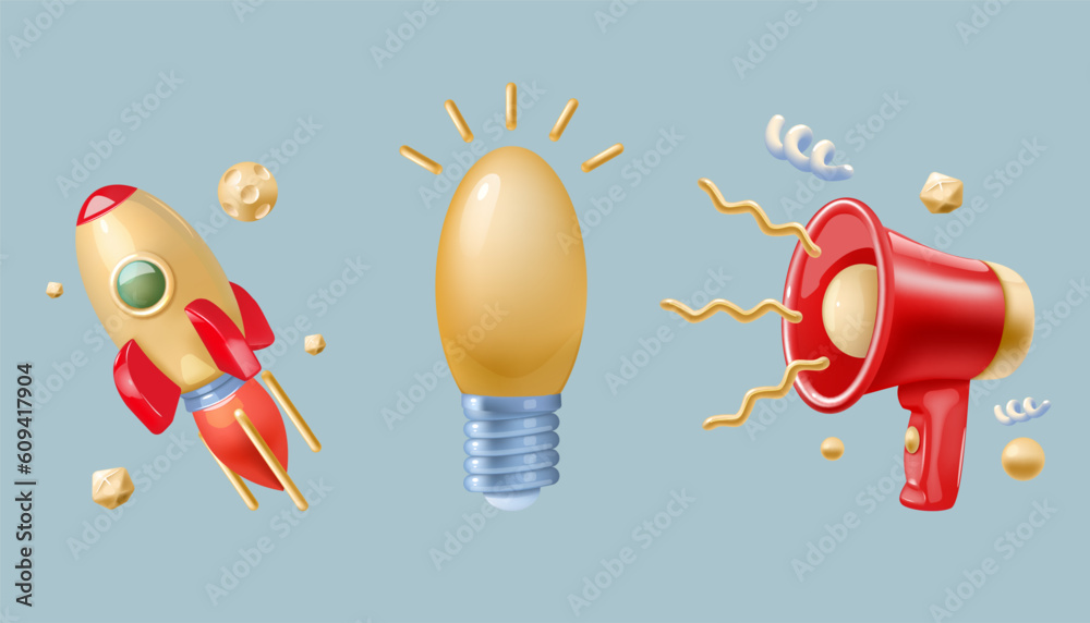 3d rocket. Electric lamp. Red megaphone. Light bulb business idea ...