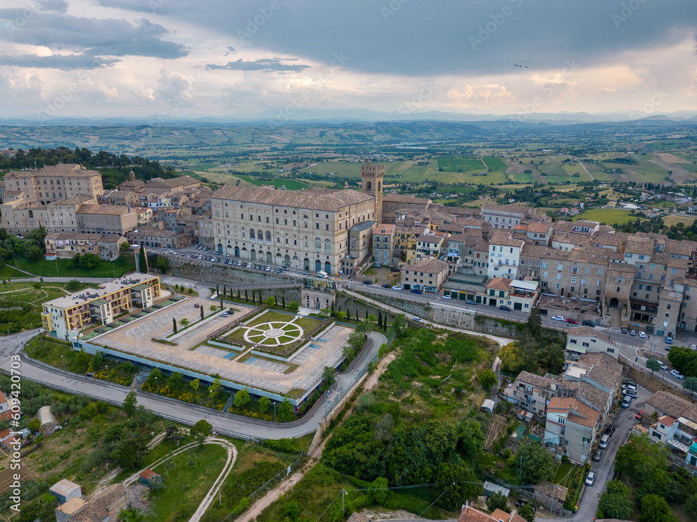 Italy, June 02, 2023: aerial view of the beautiful village of Recanati ...