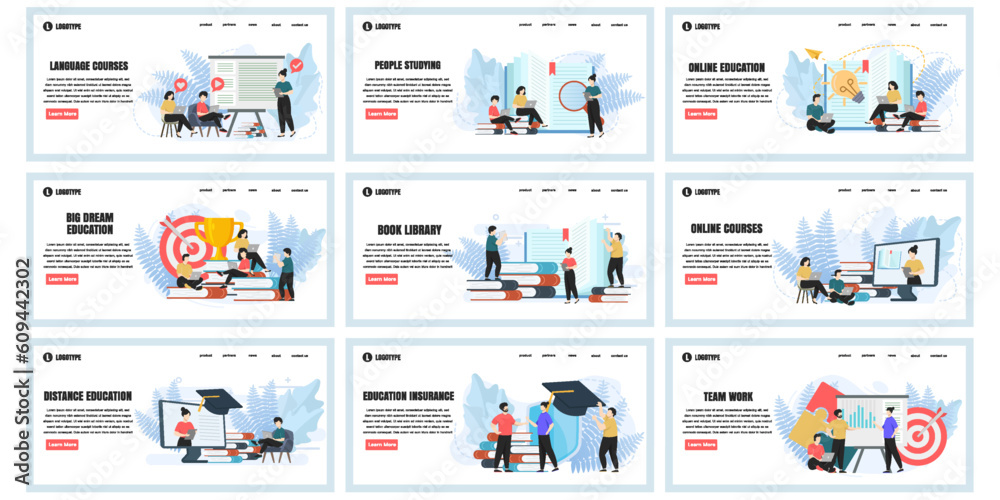 Set of web page design templates for education, Team work, Online ...