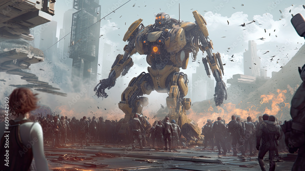robots against humans as war concept of the future created with ...