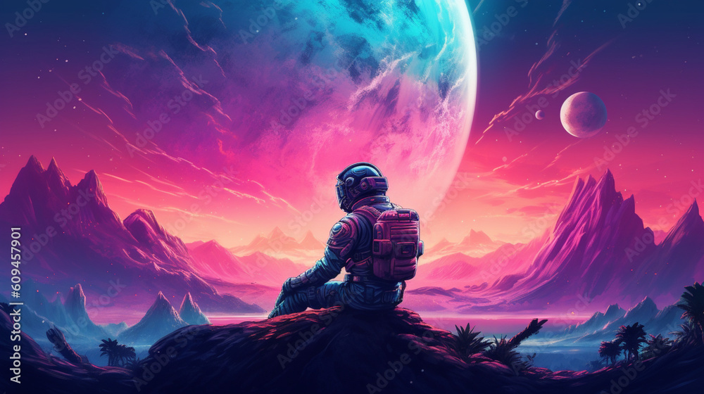 Synthwave astronaut on an alien planet looking out. IA generative ...