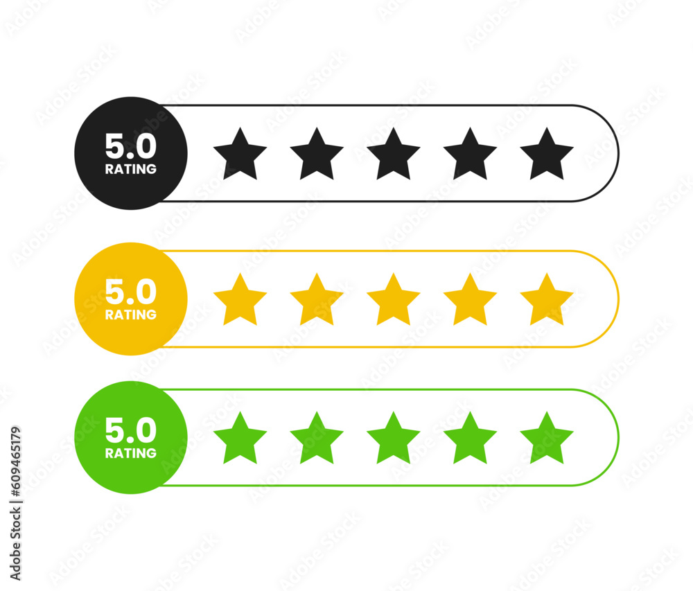 5 Star rating, customer review with gold, black, green stars flat ...