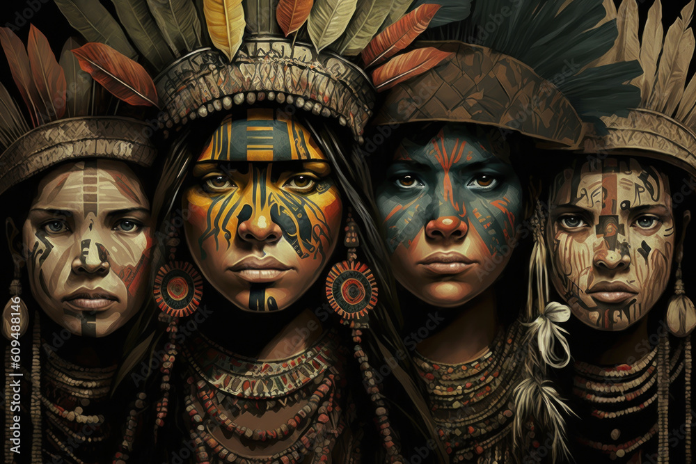 Group of native americans with colorful traditional makeup and feather ...