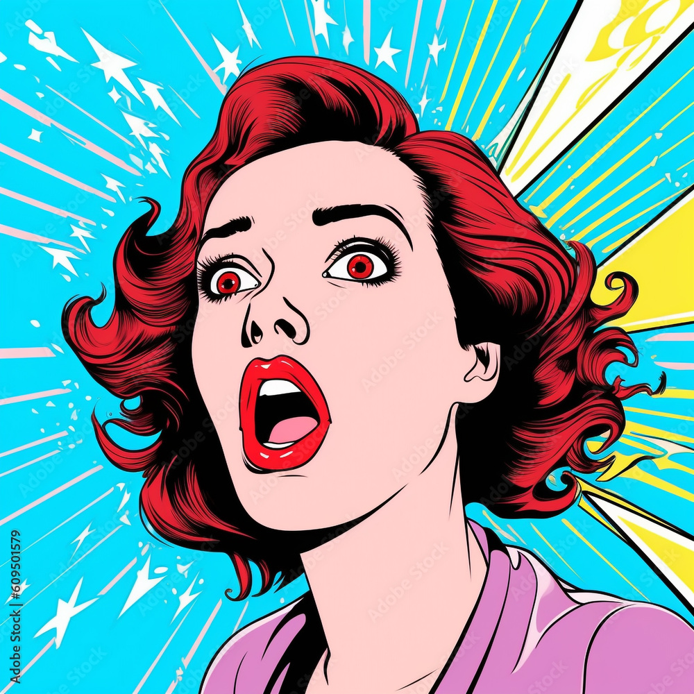 Pop Art style comic book panel with terrified woman in a panic ...
