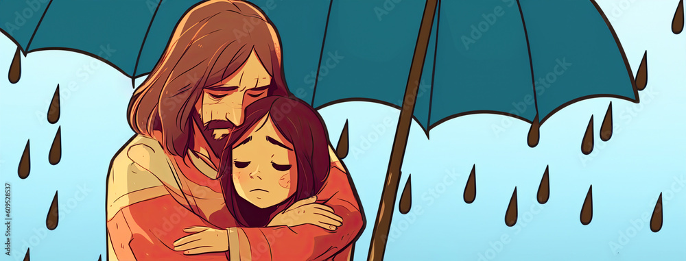 Cartoon drawing of Jesus comforting hug people illustration that can be ...