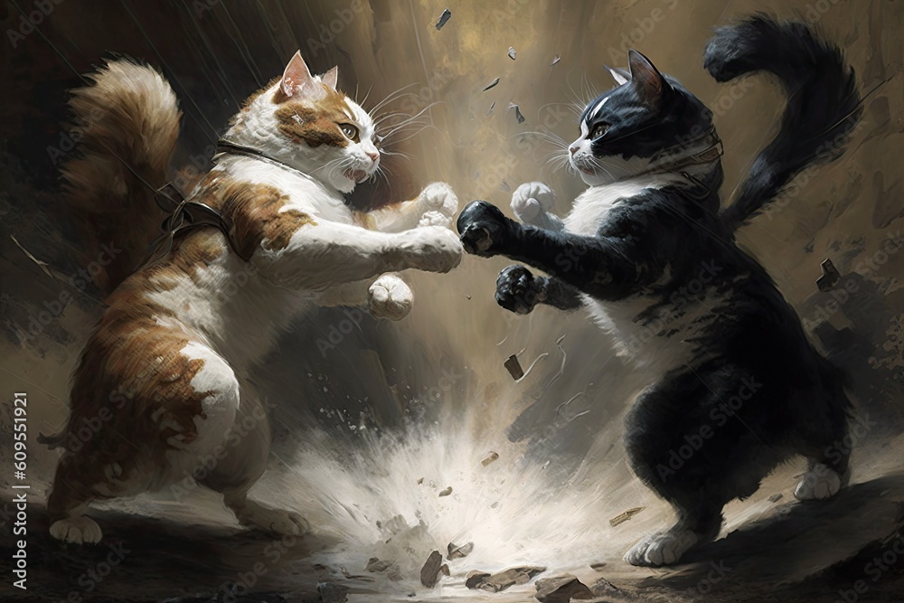 Furious fluffy cats in fighting in the boxing stadium, theme of vintage ...