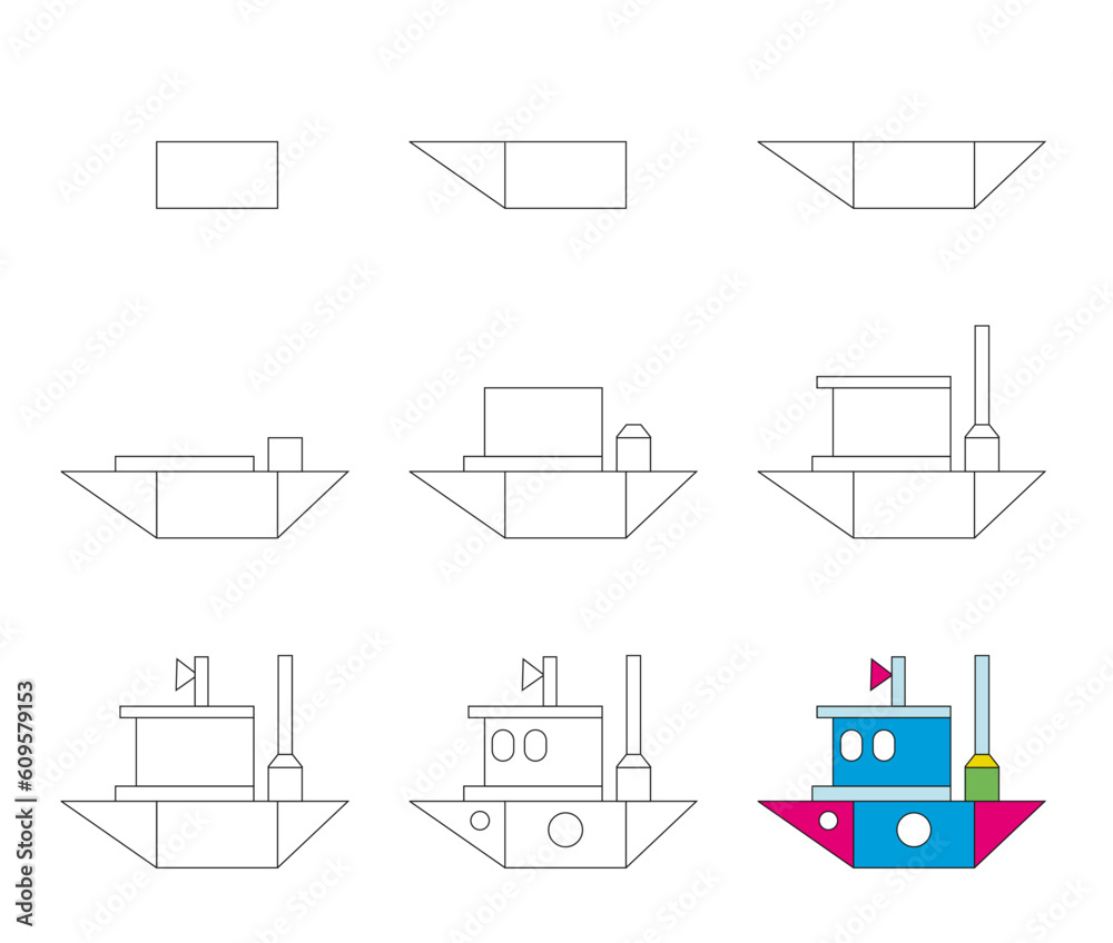 Worksheet easy guide to drawing ship. Simple step by step drawing ...