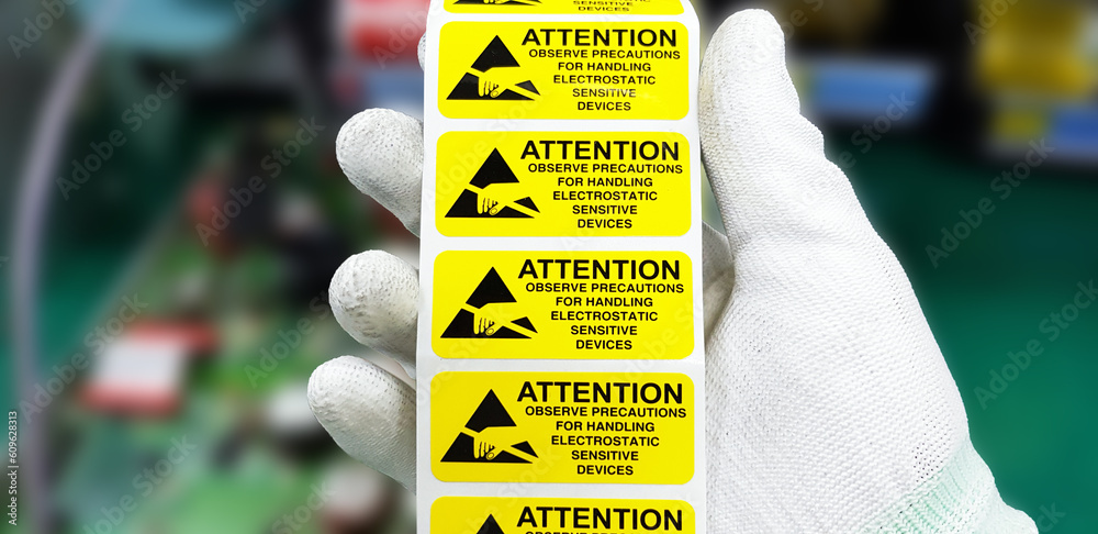 Yellow caution label in electronic industry,CAUTION Electrostatic ...