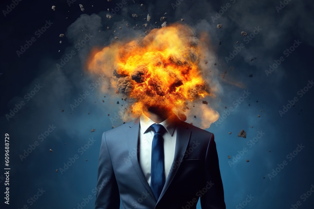 Mind-blowing idea, head explosion illustration of businessman in chaos ...