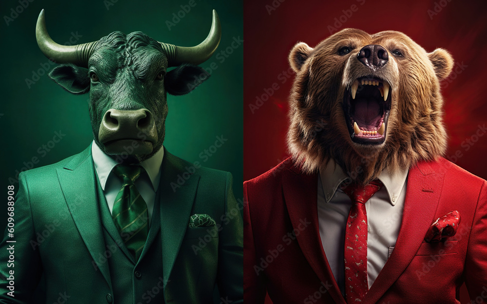 Bull versus bear in suits facing each other, trading on stock market ...