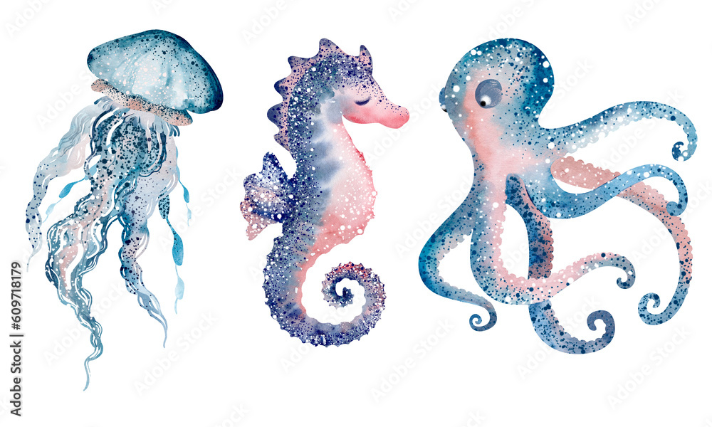 Watercolor illustrations of underwater marine animals octopus, seahorse ...