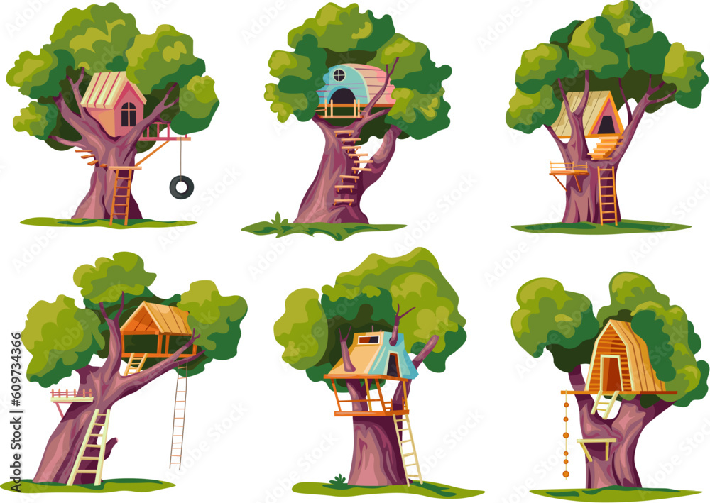 Treehouses. Cartoon tree houses in yard, wooden house building on trees ...